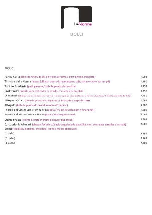 Menu at La Nonna restaurant, Barreiro