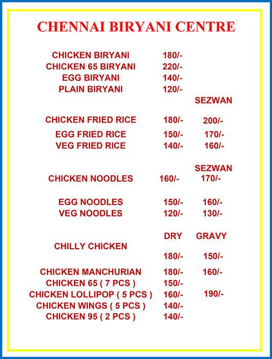 Menu of Chennai Biryani Centre, Perambur, Chennai