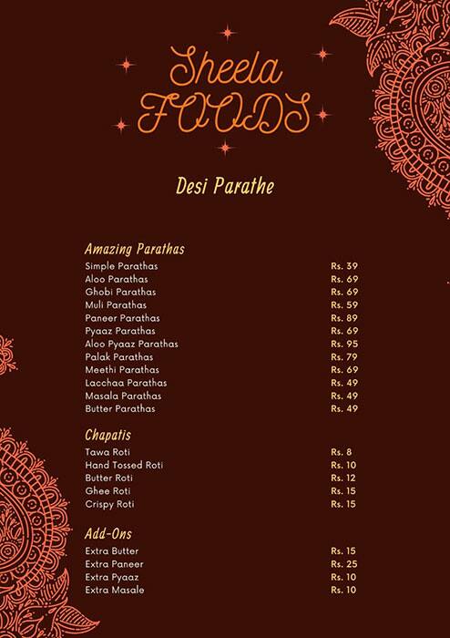 Menu of Sheela Foods, Rohini, New Delhi