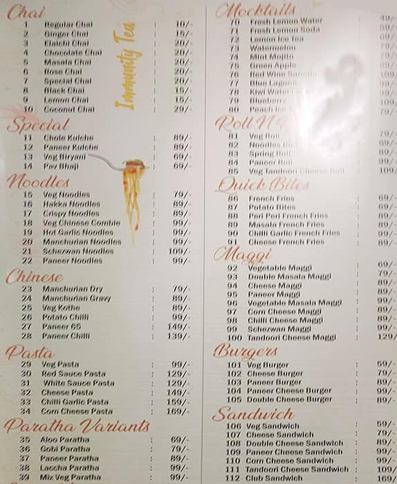 Menu of Paratha Apna Apna, Maharana Pratap Nagar, Bhopal