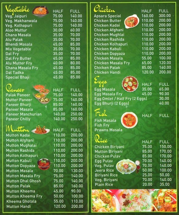 Apsara Restaurant Menu, Menu for Apsara Restaurant, Pali Hill, Bandra ...