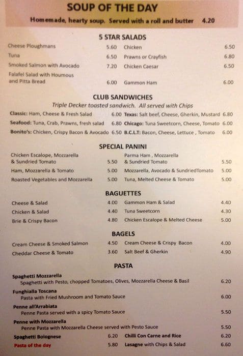 Menu at Bonito Cafe, Enfield