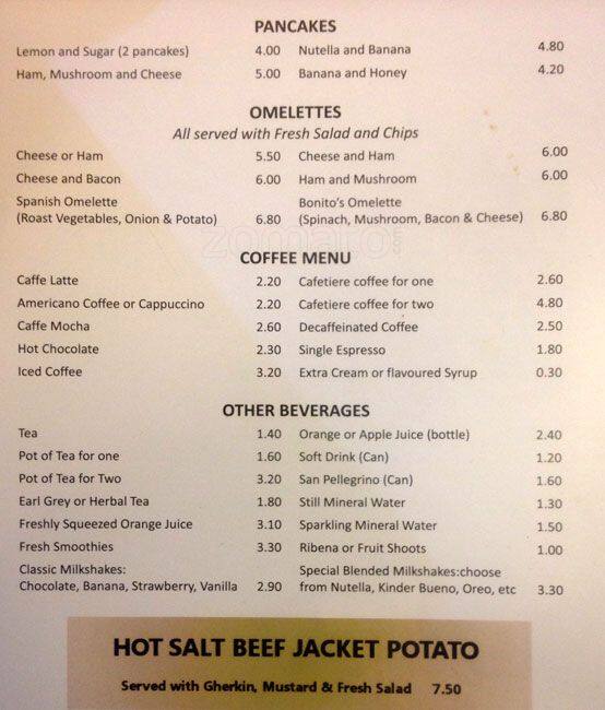 Menu at Bonito Cafe, Enfield