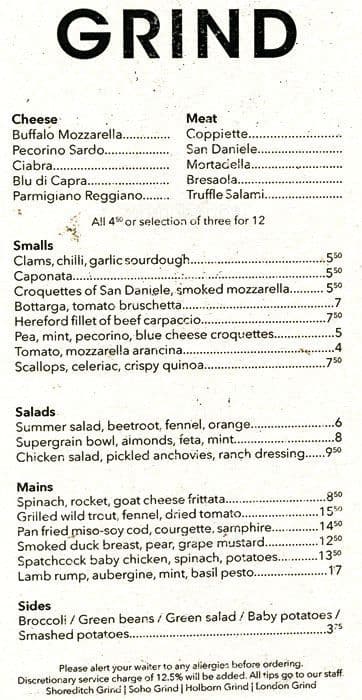 Menu at Grind pub & bar, London, 2 London Bridge
