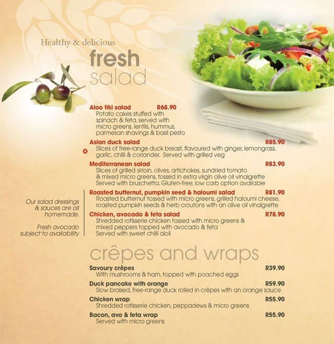 Menu at Fournos Bakery, Pretoria