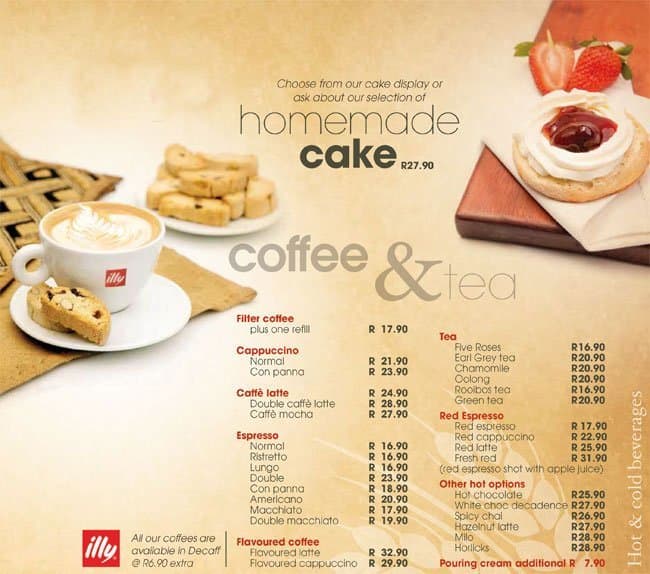 Menu at Fournos Bakery, Pretoria