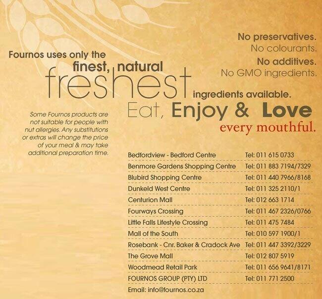 Menu at Fournos Bakery, Pretoria