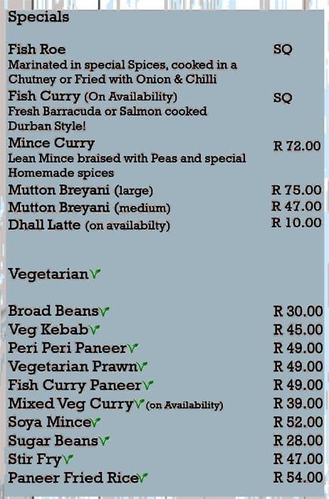 Menu au Capsicum restaurant, Durban