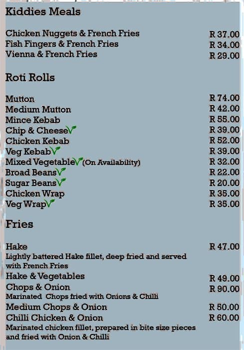 Menu at Britannia Hotel restaurant, Durban