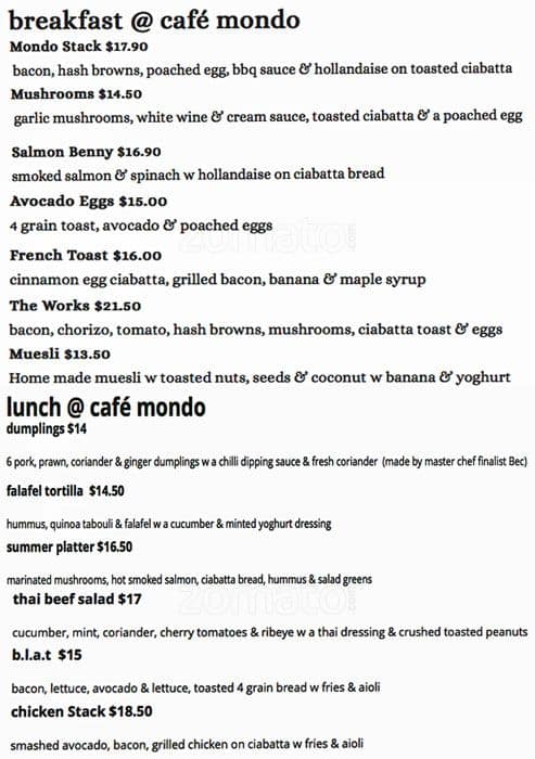 Menu at Cafe Mondo, Arrowtown