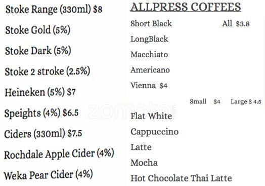 Menu at Cafe Mondo, Arrowtown