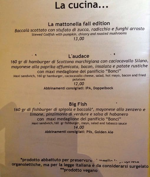Carta del pub y bar Bir & Fud, Roma