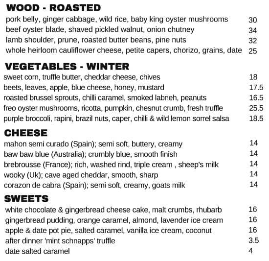 Menu at Young George restaurant, East Fremantle