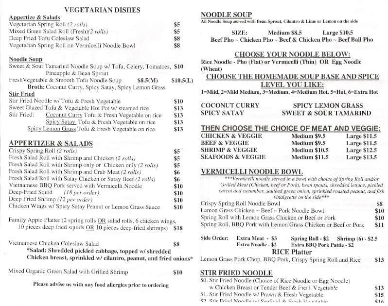 Menu at Vietnam Village Restaurant, Kelowna