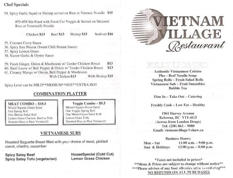 Menu at Vietnam Village Restaurant, Kelowna