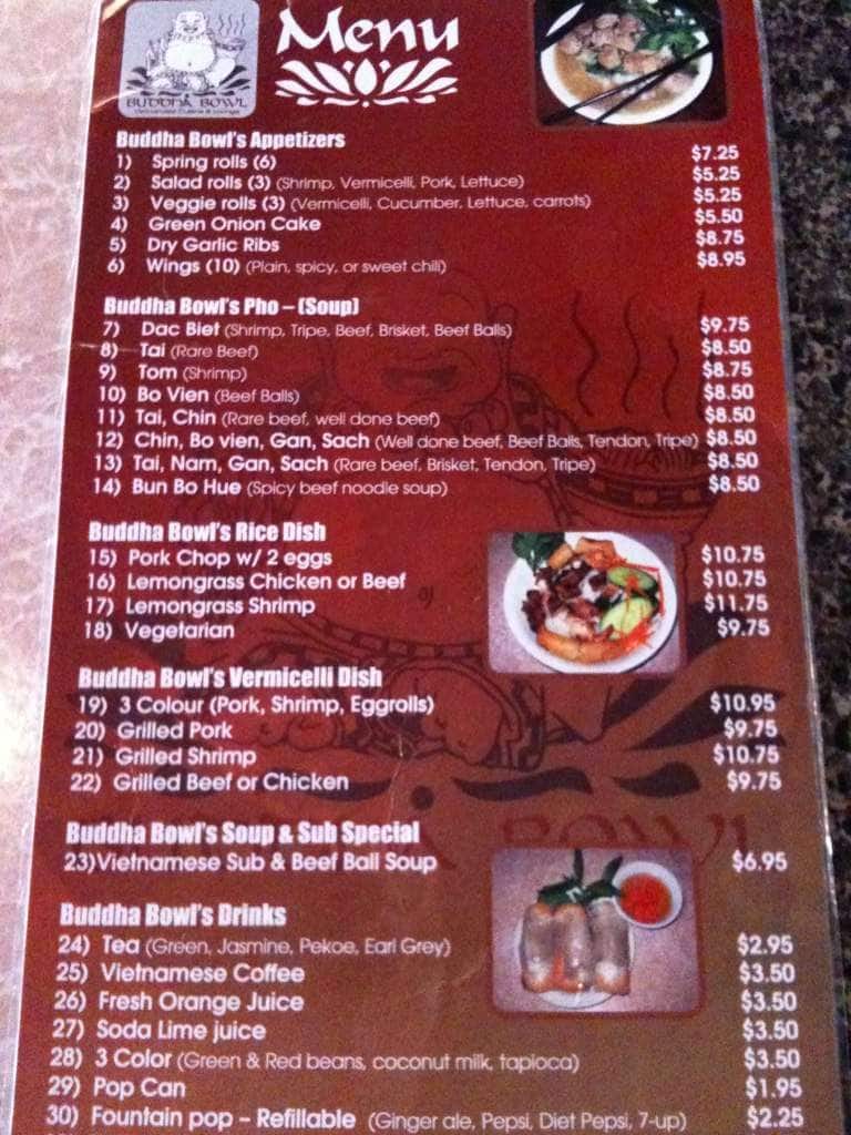Menu at Buddha Bowl restaurant, Edmonton
