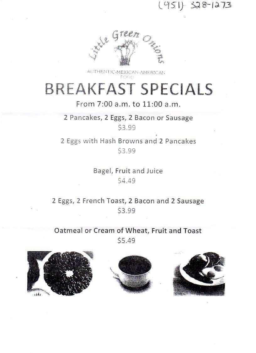 Menu at Little Green Onions restaurant, Riverside