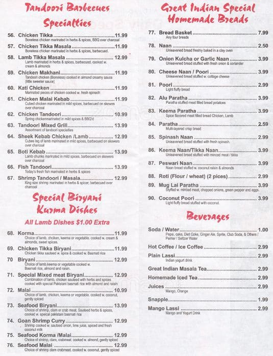 Menu at Great Indian Curry restaurant, New York City