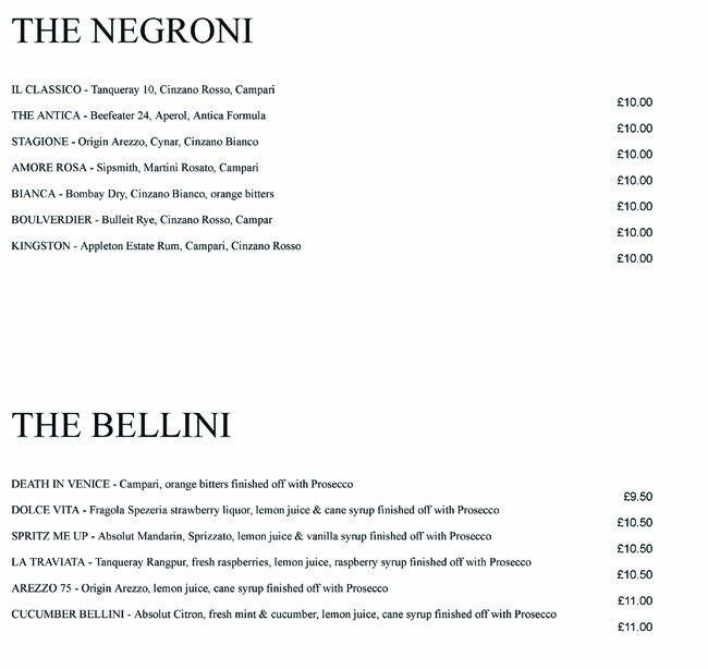Menu at Osteria restaurant, London, Barbican Centre