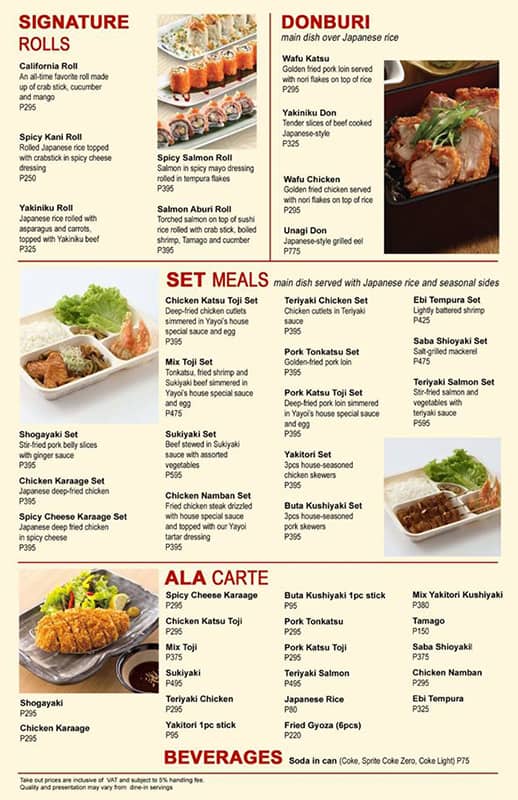 Menu at Yayoi BGC restaurant, Taguig
