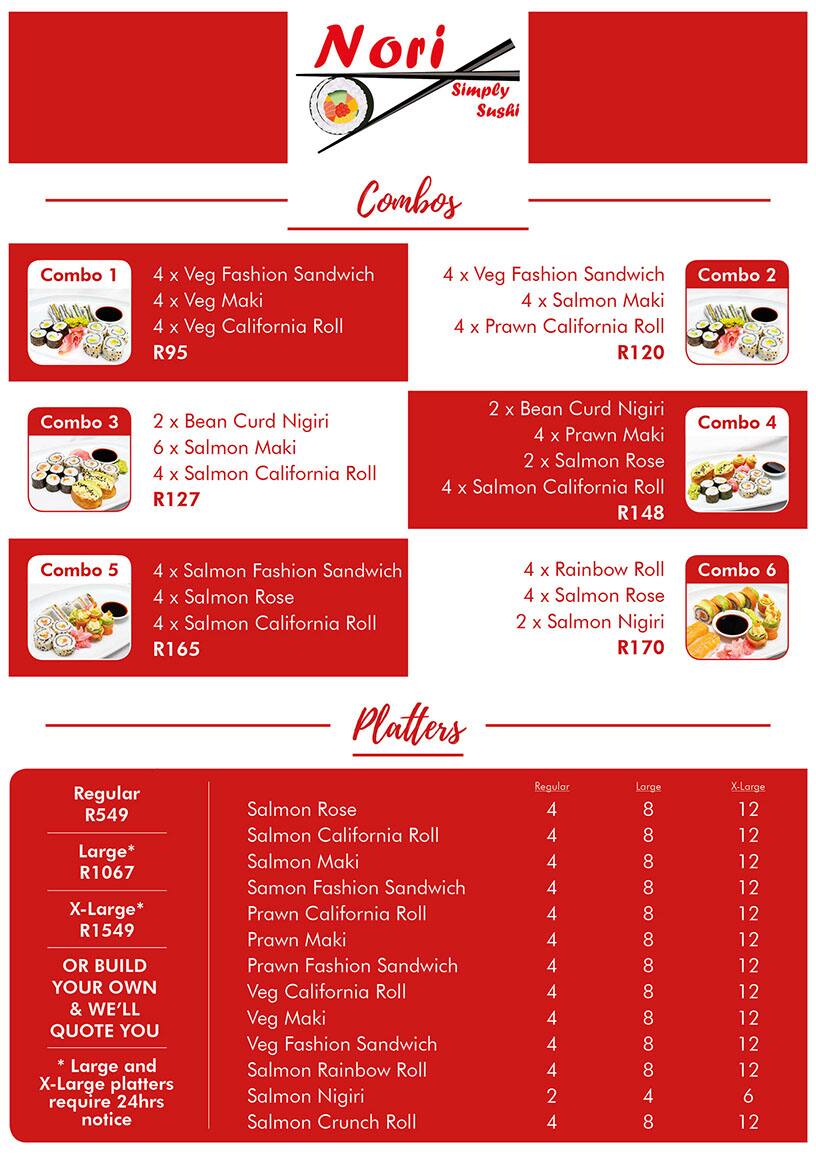Menu at Nori Simply Sushi, Grahamstown, Shop 6