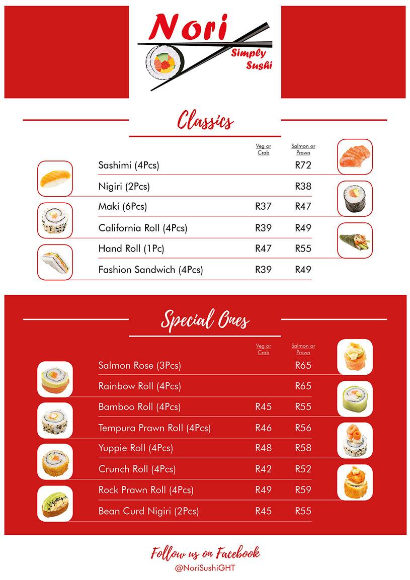 Menu at Nori Simply Sushi, Grahamstown, Shop 6