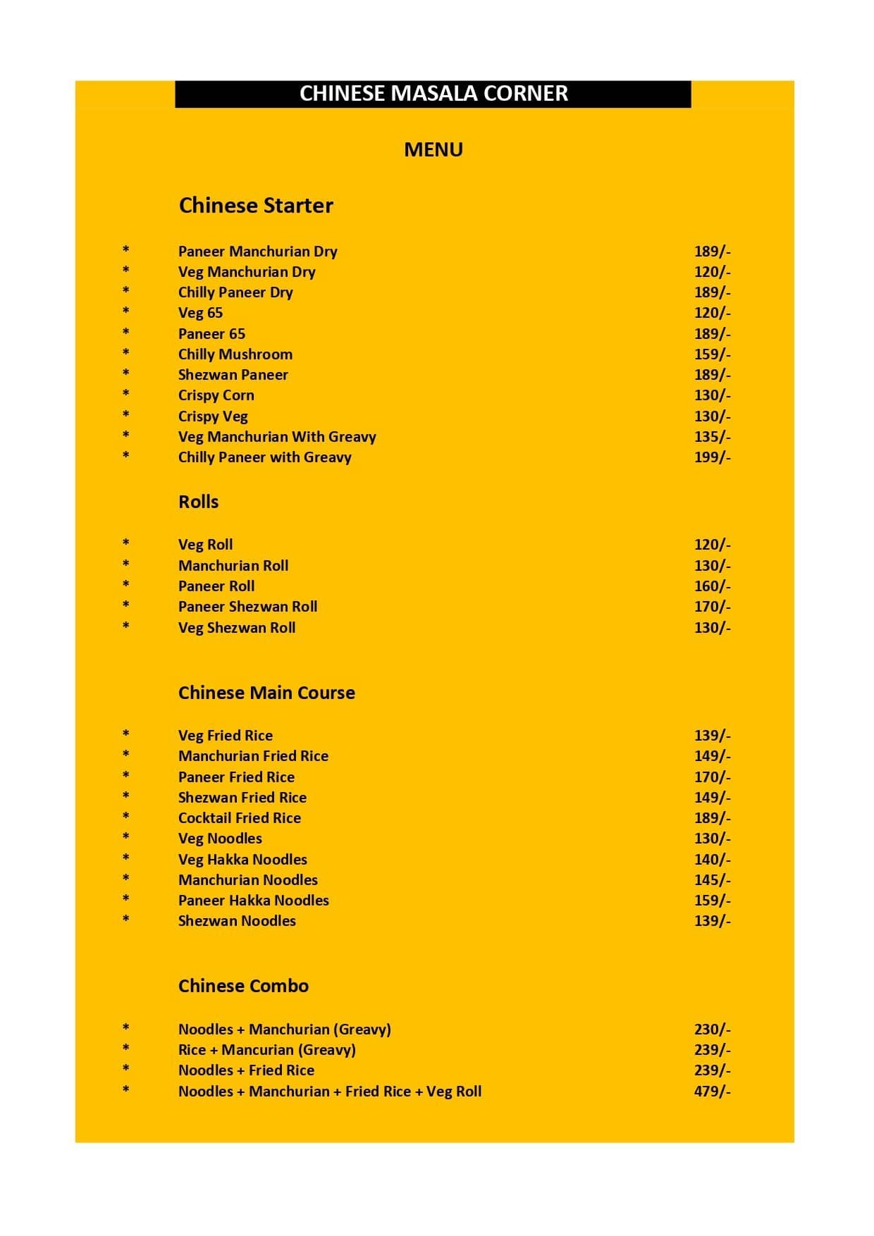 Menu of Chinese Masala Corner, Ayodhya Nagar, Nagpur