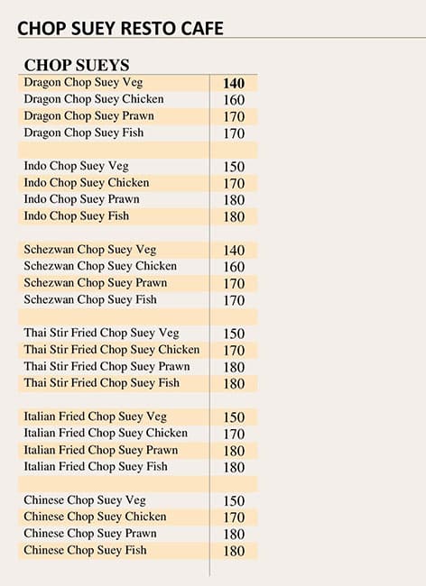 Menu of Chop Suey Restaurant, Nad Junction, Vizag
