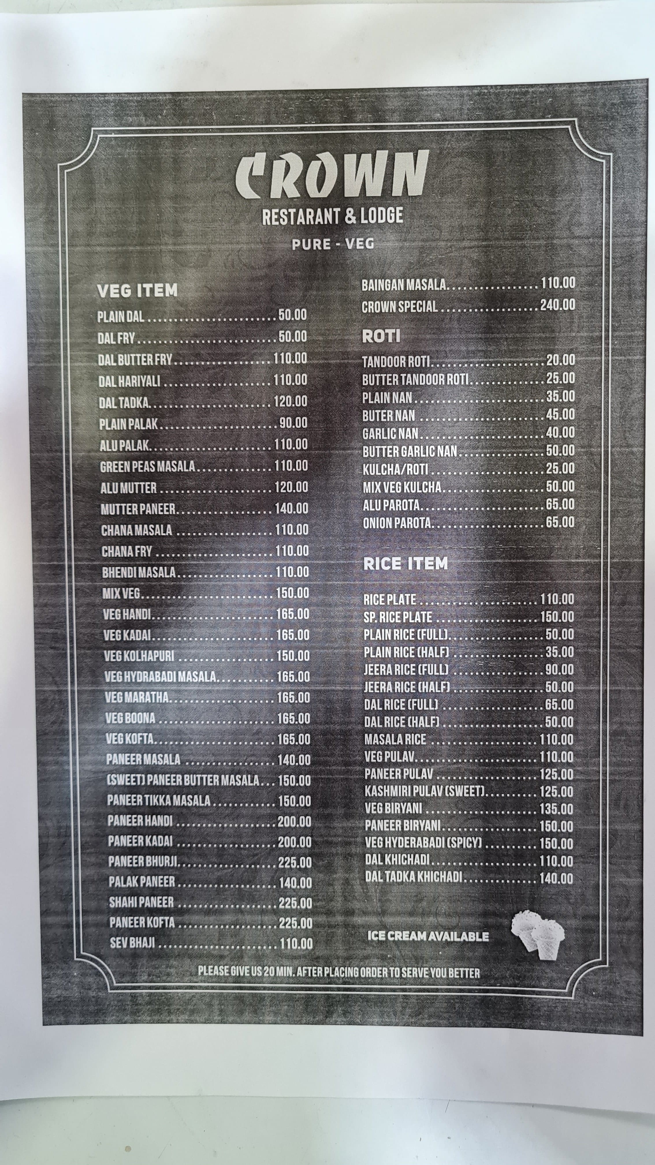 Menu of Crown Restaurant, Khadki, Pune