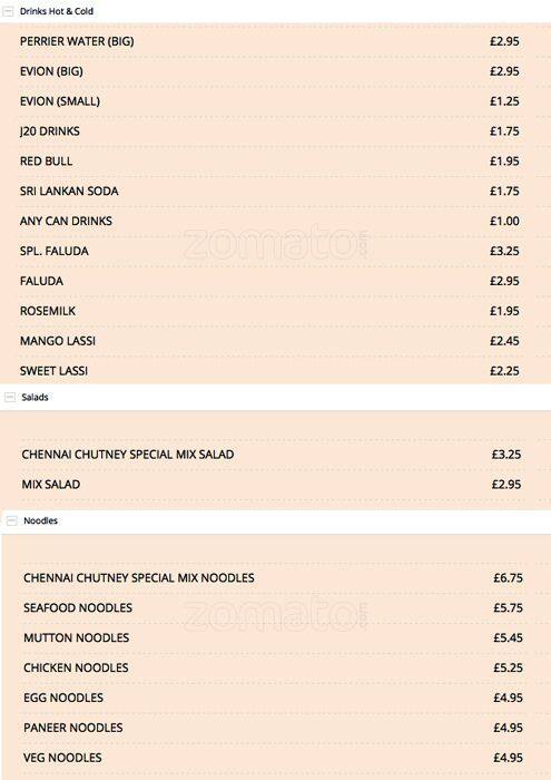 Menu at Chennai Chutney restaurant, Harrow, 192 Alexandra Avenue
