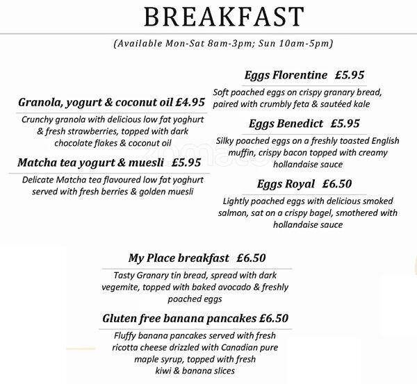 Menu at My Place Soho cafe, London