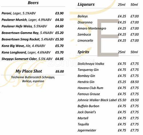 Menu at My Place Soho cafe, London