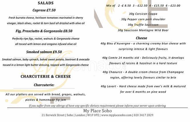 Menu at My Place Soho cafe, London