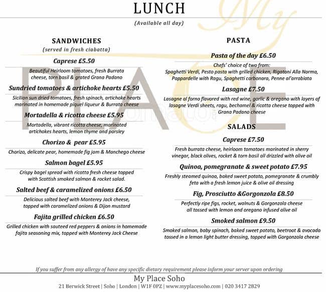 Menu at My Place Soho cafe, London