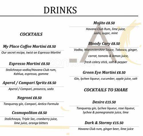 Menu at My Place Soho cafe, London