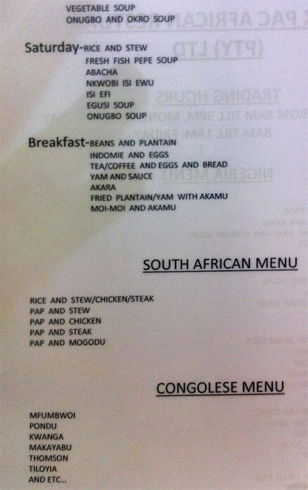 Menu at Nnamex Pan African Restaurant, Randburg
