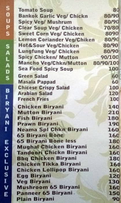 Menu at Neama, Chennai