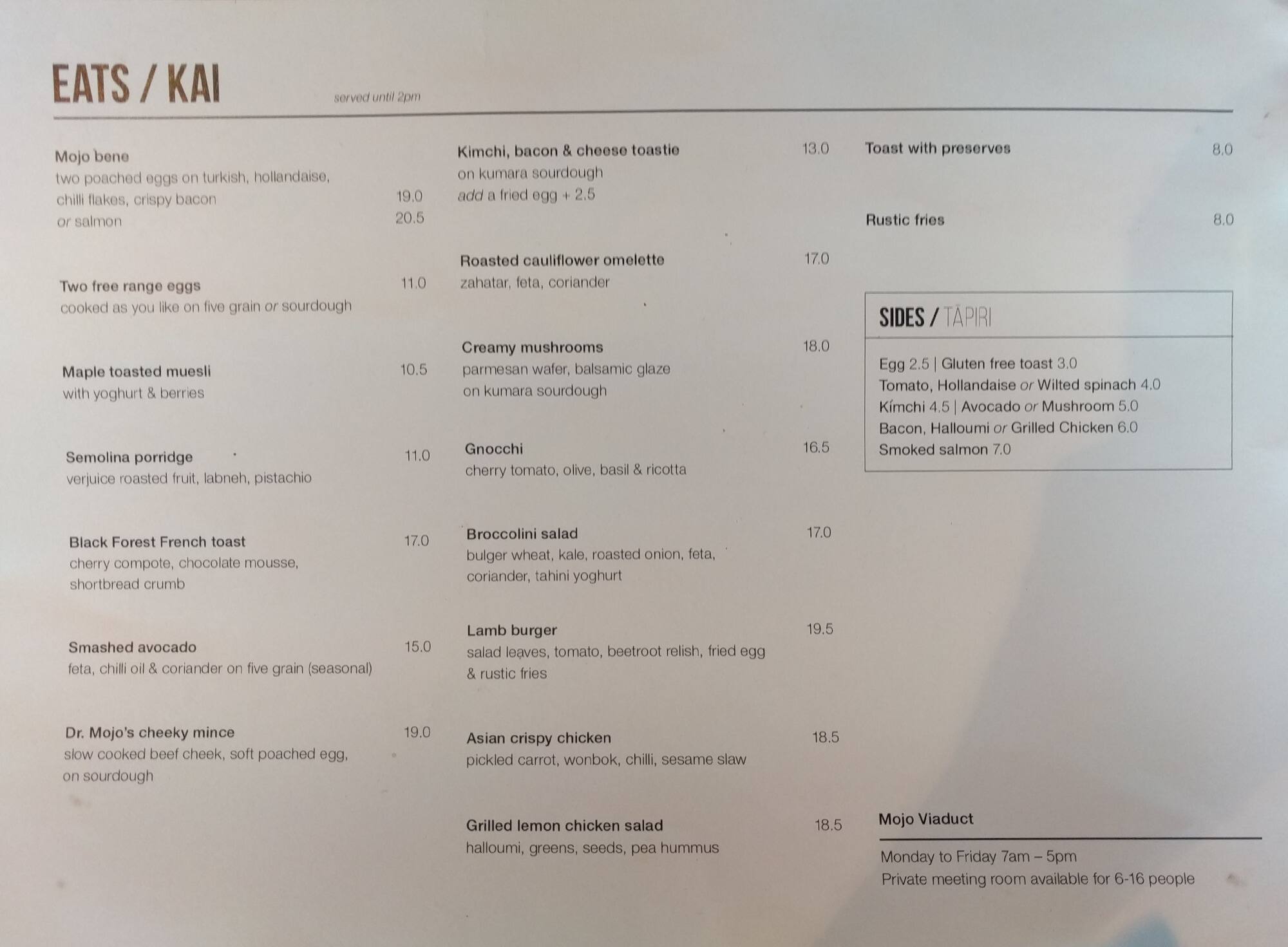Menu at Mojo cafe, Auckland, 20 Viaduct Harbour Ave