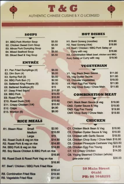 Menu at T & G Takeaways, Otaki