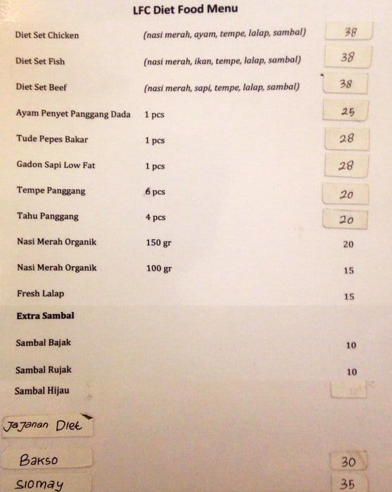 Menu at LFC Diet Cafe, Jakarta, Jl. Gading Batavia