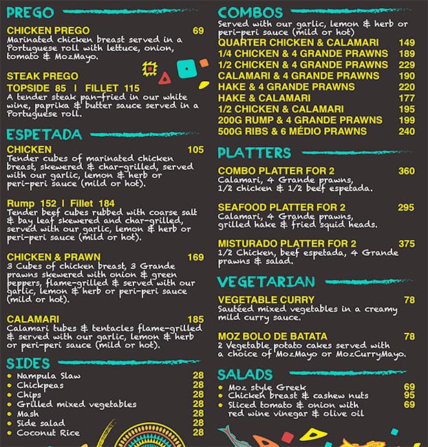 Menu at Mozambik Chatsworth restaurant, Berea, SHOP 107