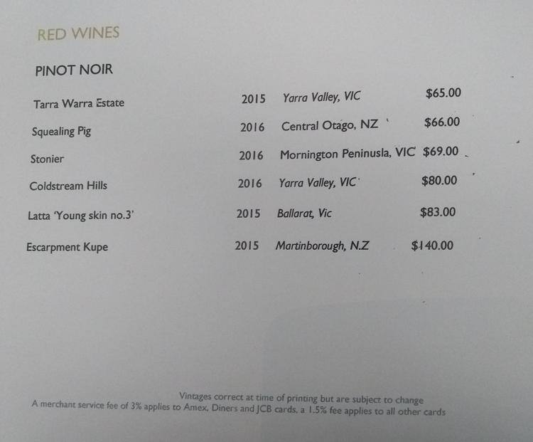 Menu at Bluestone Bar, Melbourne