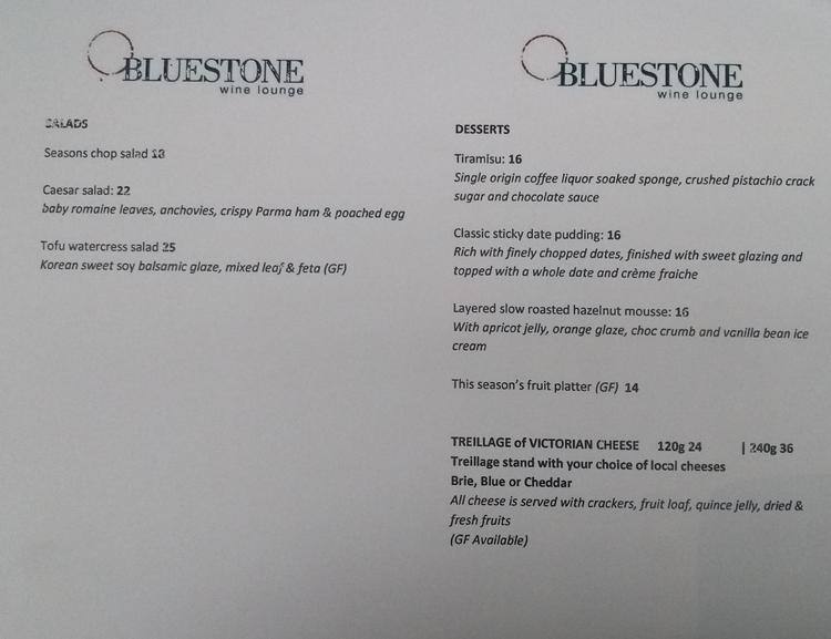 Menu at Bluestone Bar, Melbourne
