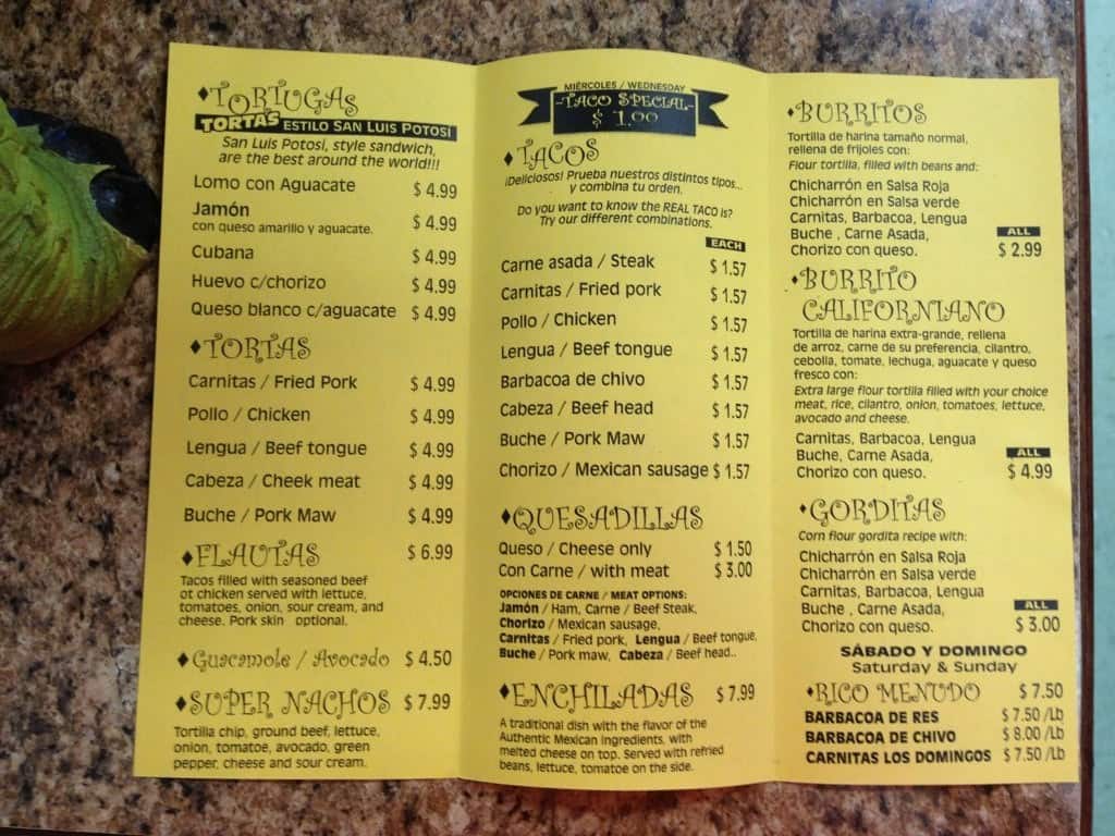 Menu at Las Tortugas restaurant, Utica