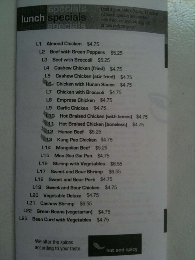 Menu at Showok Chinese Carry-Out restaurant, Rock Hill