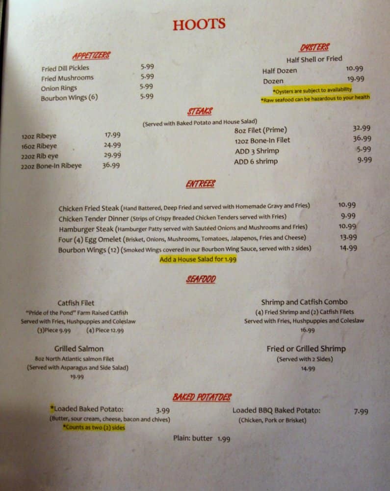 Menu at Hoots BBQ & Steaks, McGehee