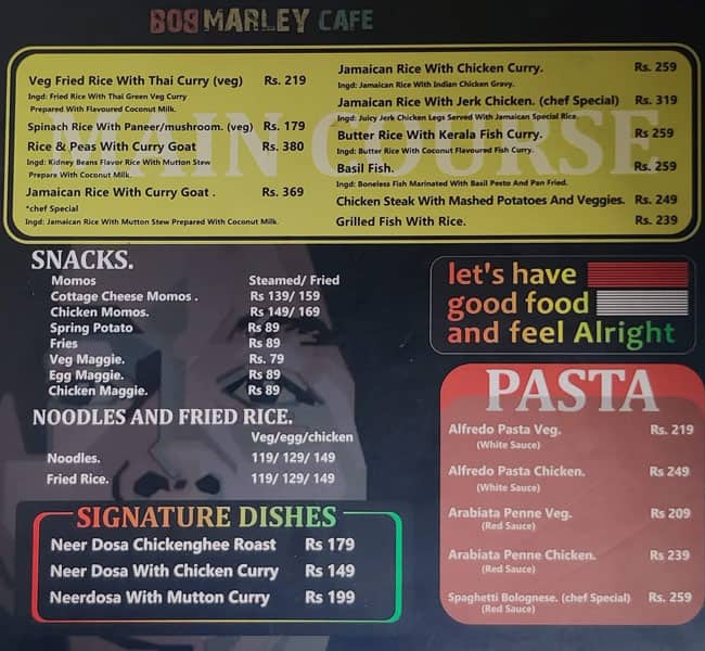 Menu at Bob Marley Cafe, Hyderabad