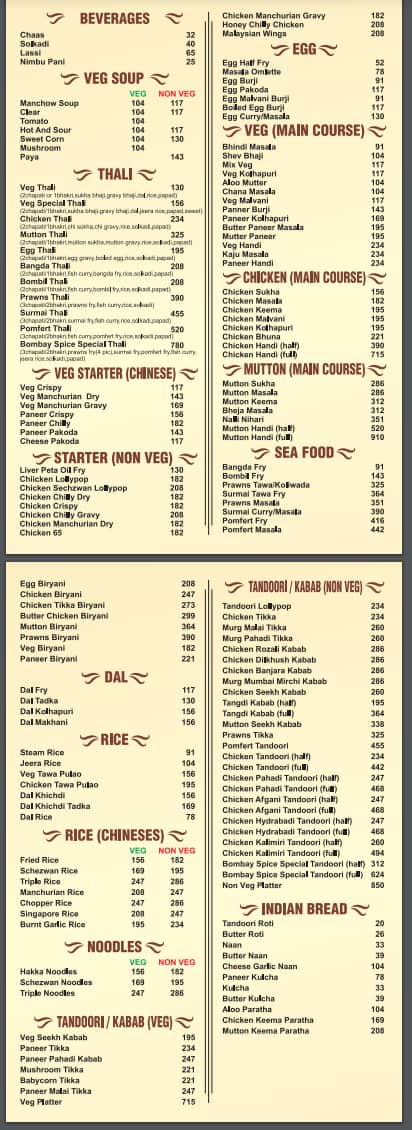 Menu of Bombay Spice, Thane East, Thane