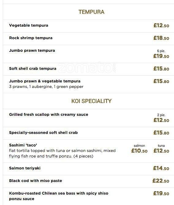 Menu at Koi restaurant, London, 1E Palace Gate