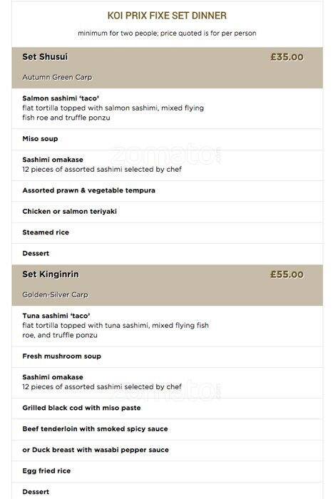 Menu at Koi restaurant, London, 1E Palace Gate